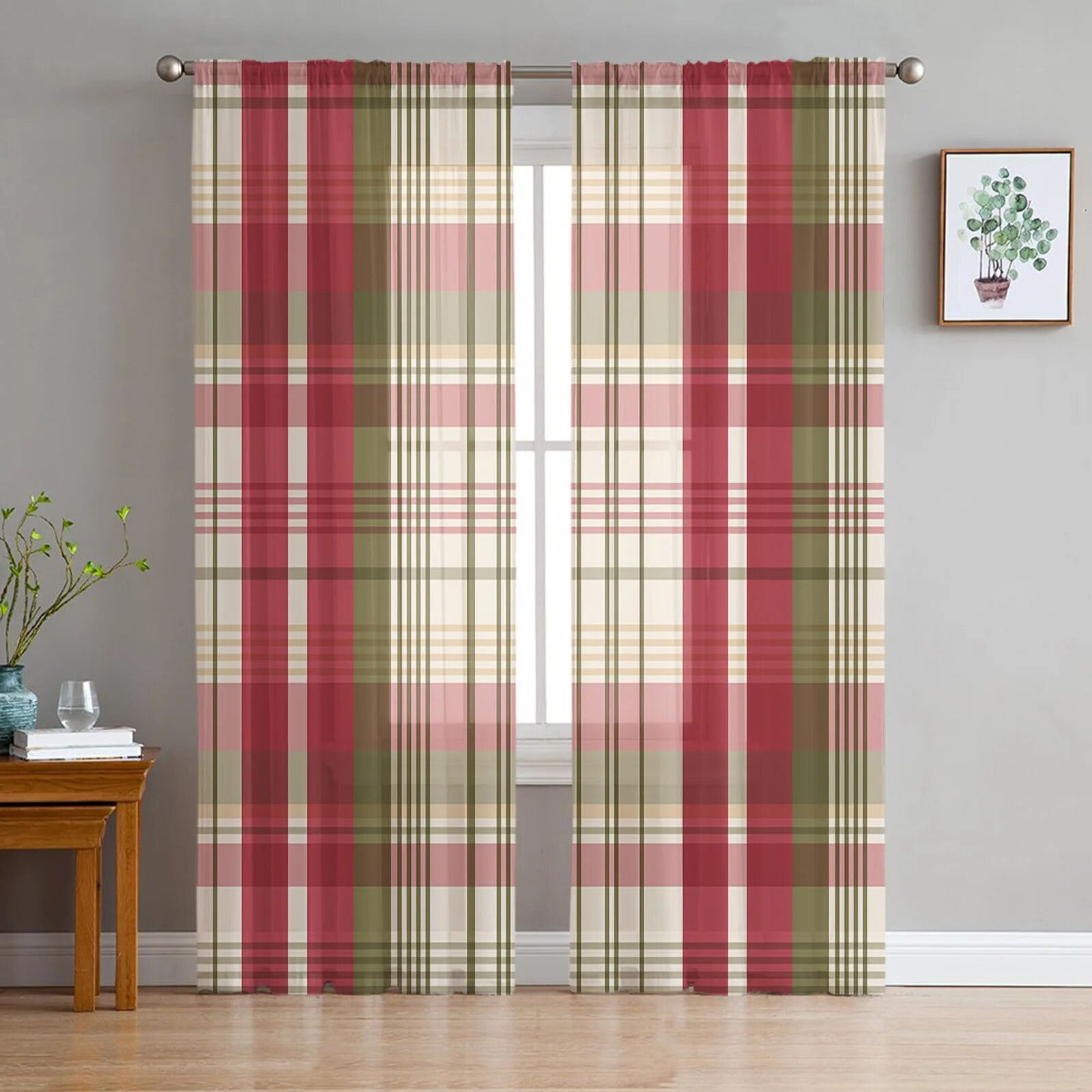Autumn Retro Plaid Pattern Voile Curtains for Bedroom Tulle Window ...