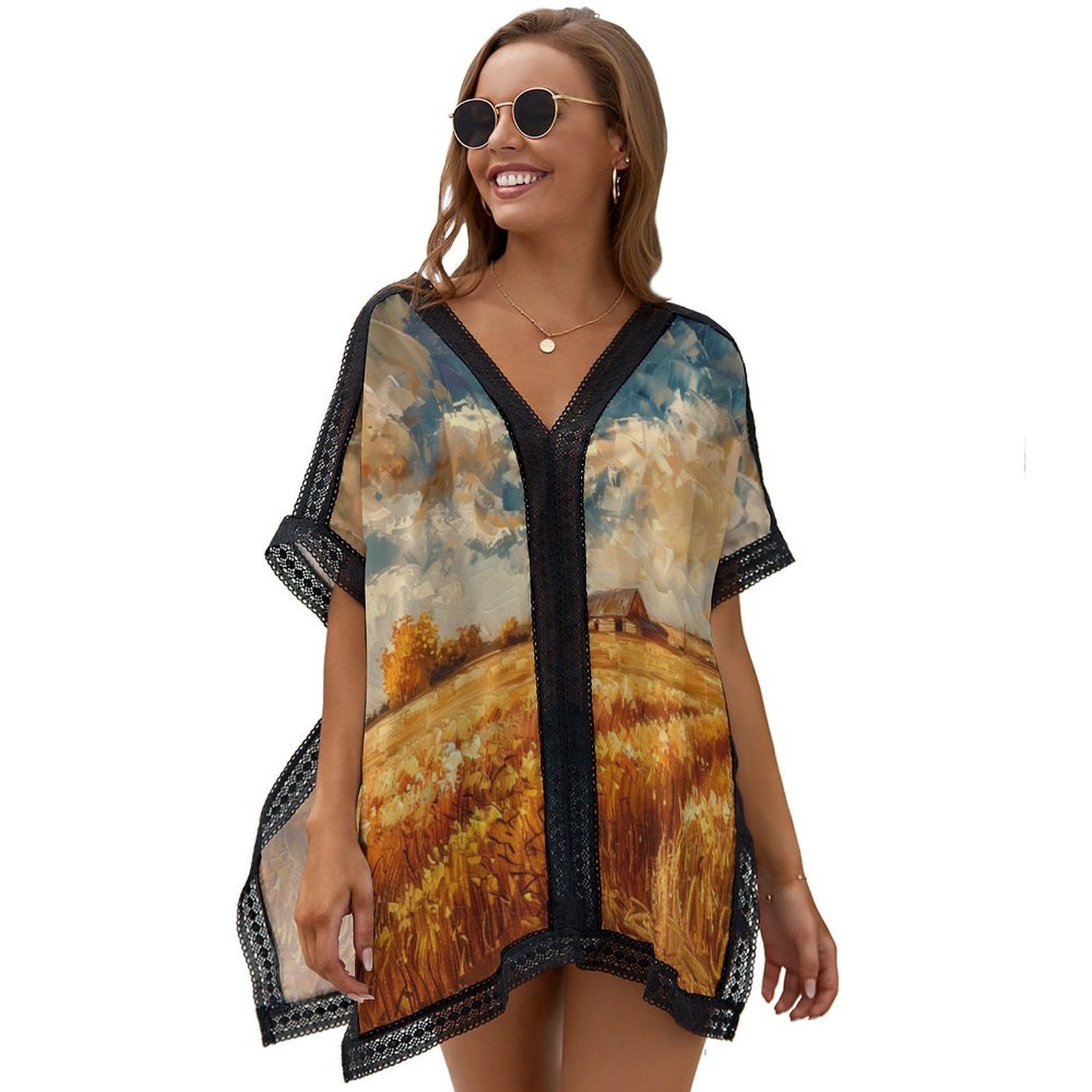 Autumn Rice Field Oil Painting Beach Cover Ups for Women Bathing Suit ...