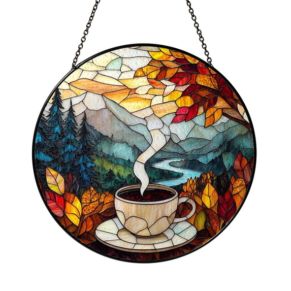 Autumn River Coffee Cup Window Suncatcher, Round Stained Glass Style ...