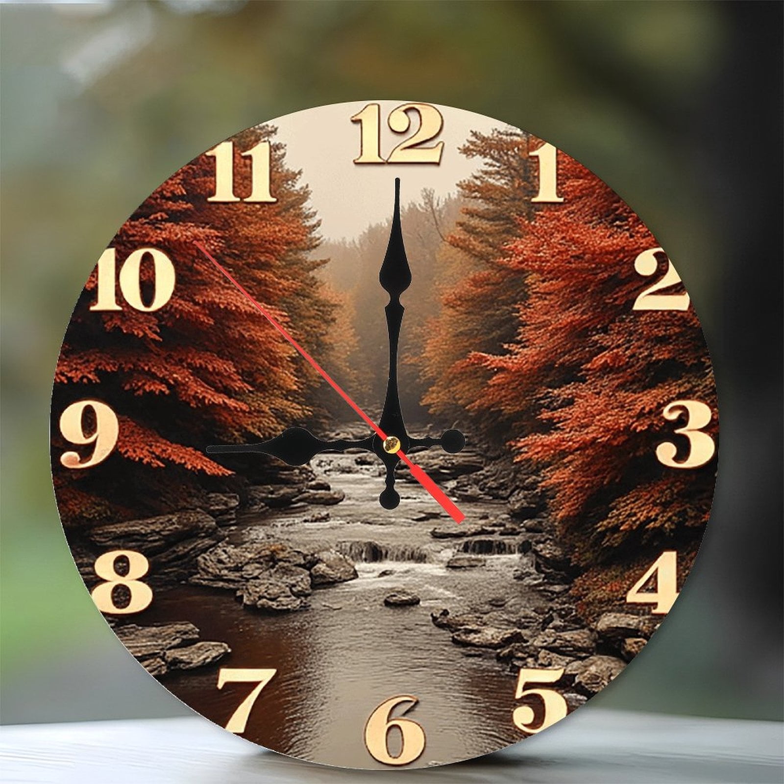 Autumn River Landscape Wall Clock Home Decor 10-Inch Silent Wooden Wall ...