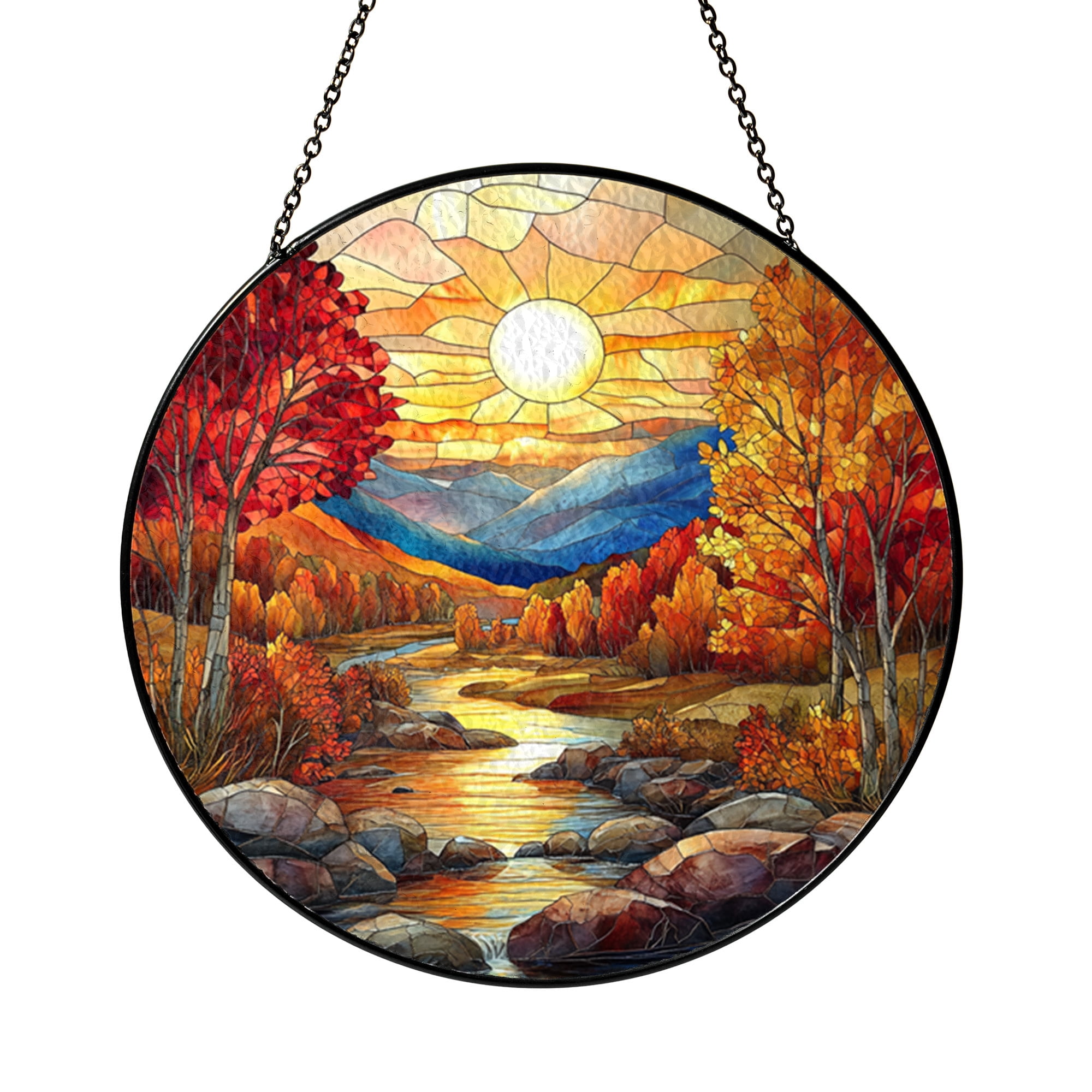 Autumn River Stained Glass Style Suncatcher, Fantasy Sunlit Forest ...