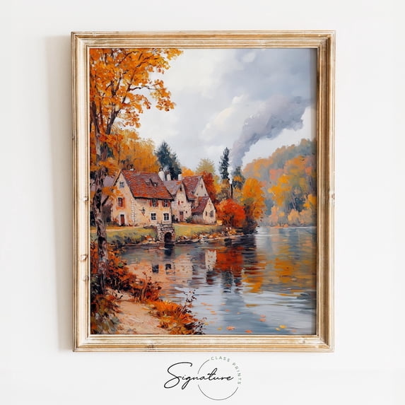 Autumn Riverside Village Scene, Rustic Wall Art, Tranquil Countryside ...