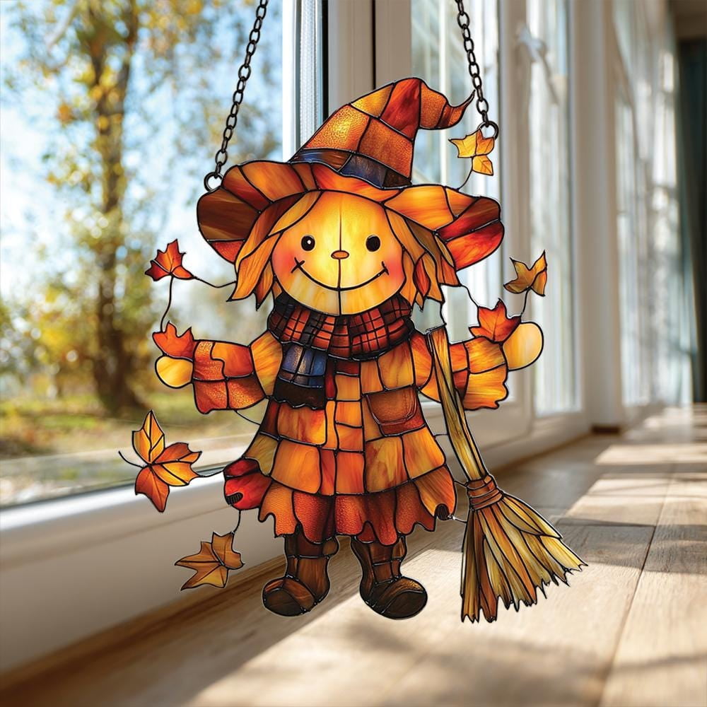 Autumn Scarecrow Acrylic Window Hanging, Cute Autumn Scarecrow Faux ...