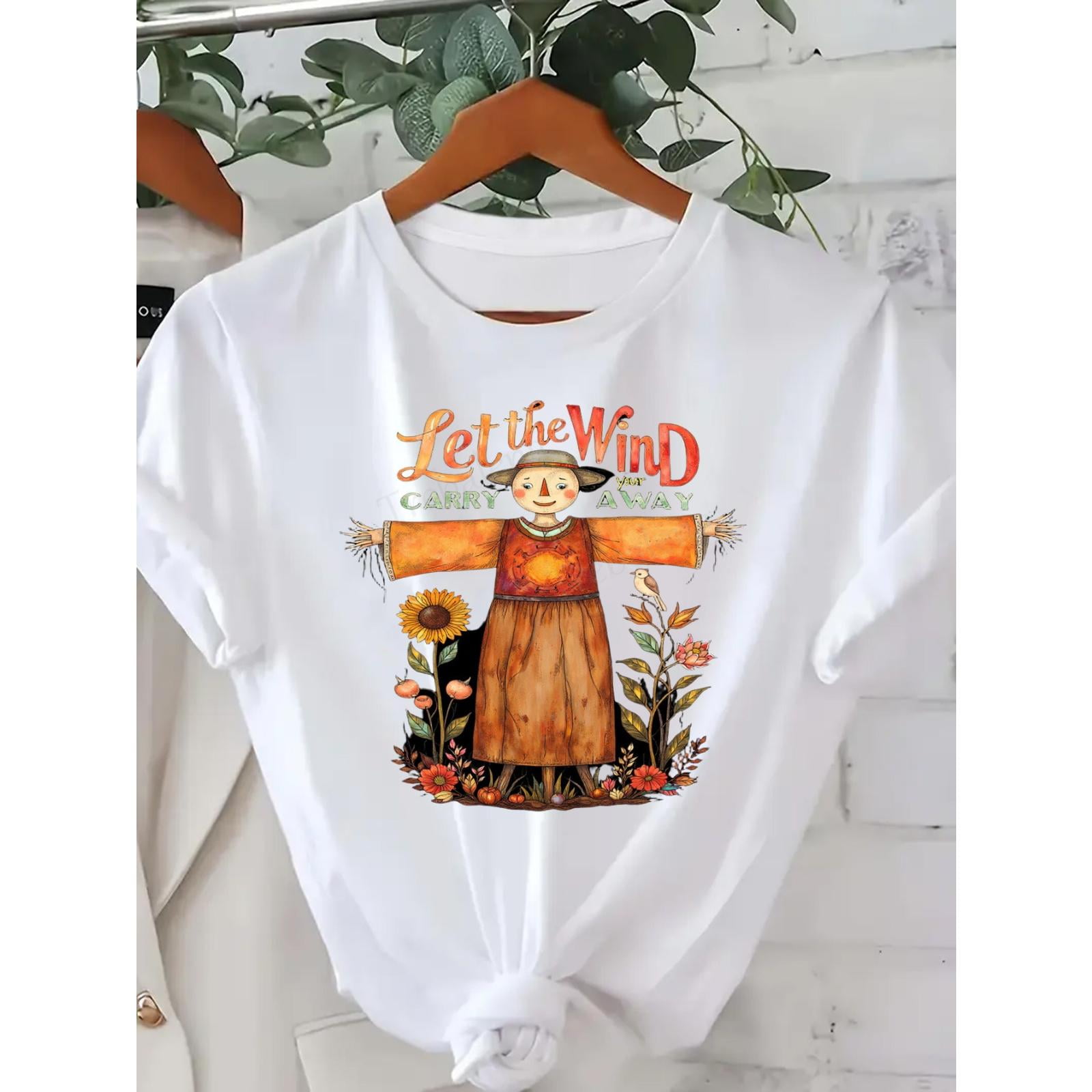 Autumn Scarecrow Graphic Tee Let The Wind Carry You Design Short Sleeve ...