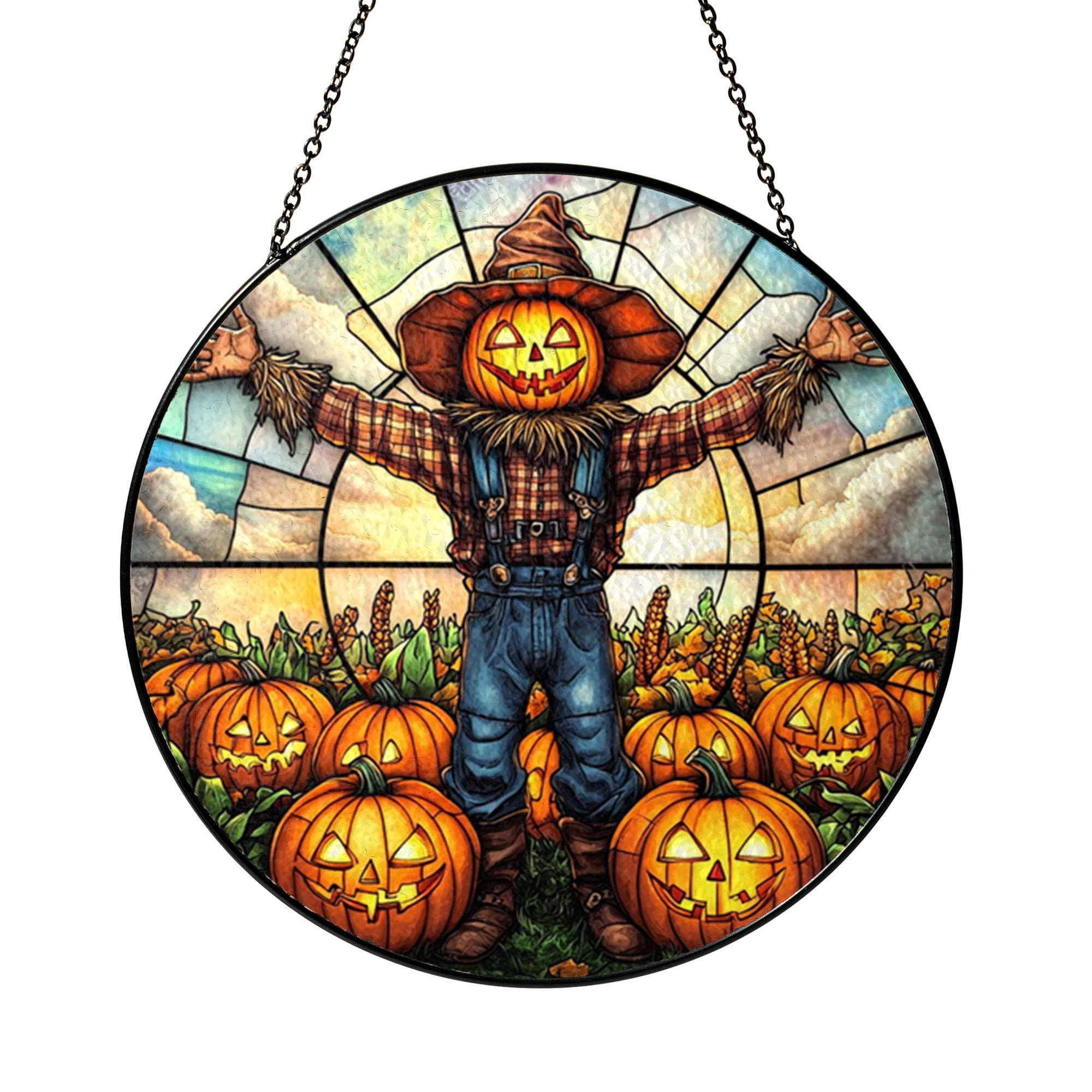 Autumn Scarecrow Pumpkin Patch Stained Glass Style Suncatcher Window ...