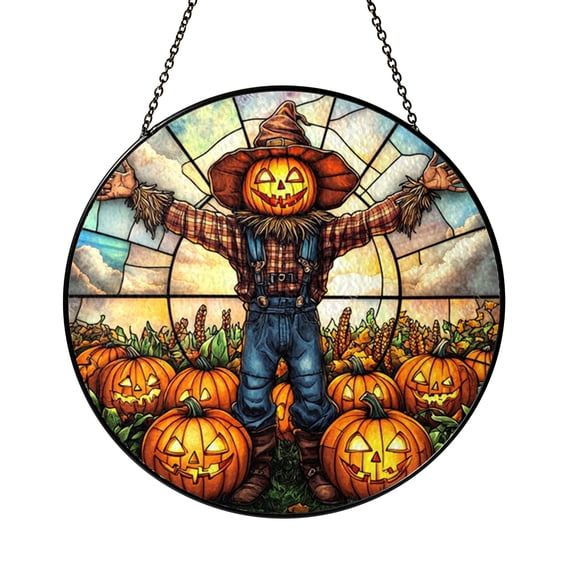 Autumn Scarecrow Pumpkin Patch Stained Glass Style Suncatcher Window ...
