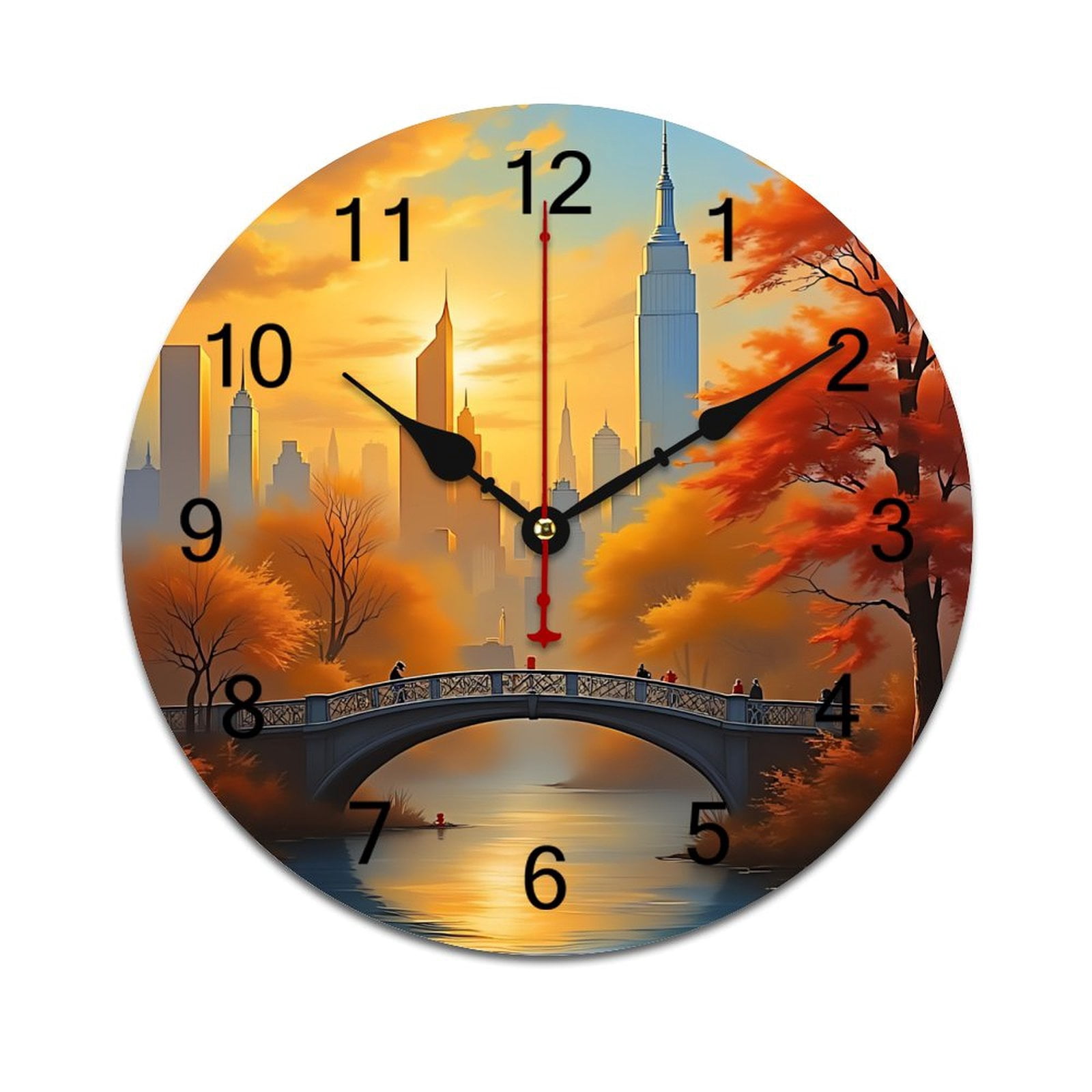 Autumn Scene Featuring A Bridge over A River Printed Silent Wall Clock ...