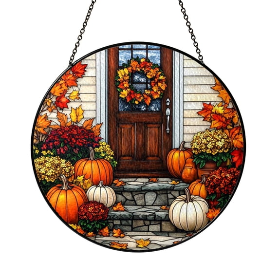 Autumn Scene Stained Glass Style Window Suncatcher, Home Entrance Art ...