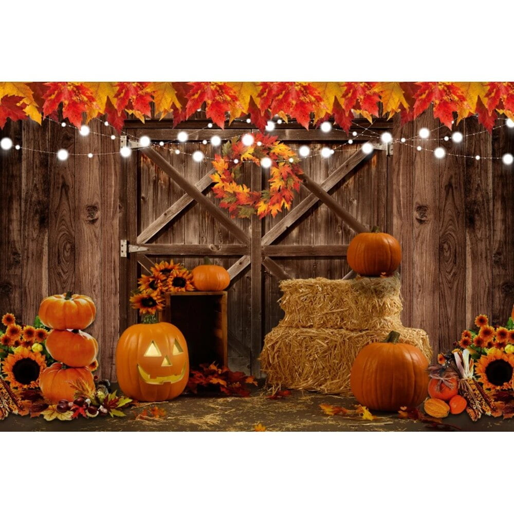 Autumn Scenery Backdrops Fall Window Farm Barn Haystack Pumpkin Maple ...
