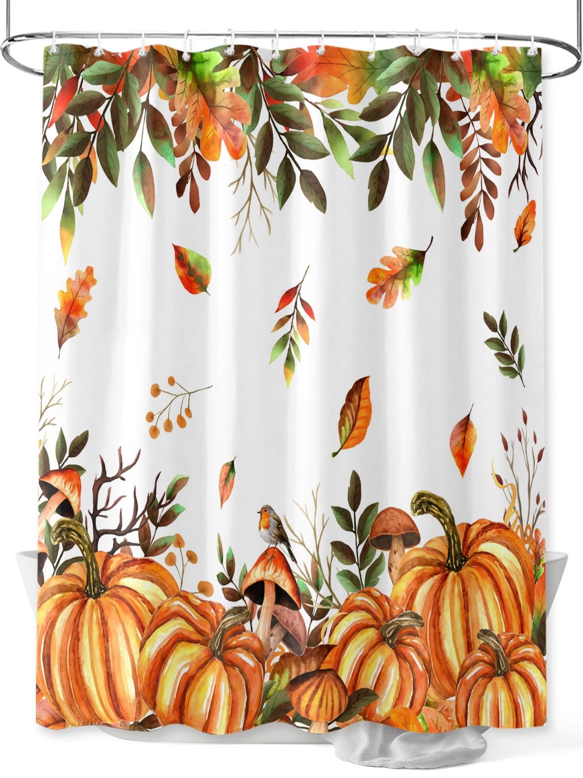 Autumn Shower Curtain 36"W x 72"L Orange Pumpkins Birds Falling Leaves ...