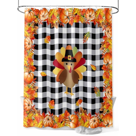 Autumn Shower Curtain 66"W x 72"L Harvest Pumpkin Turkey Black Checked ...