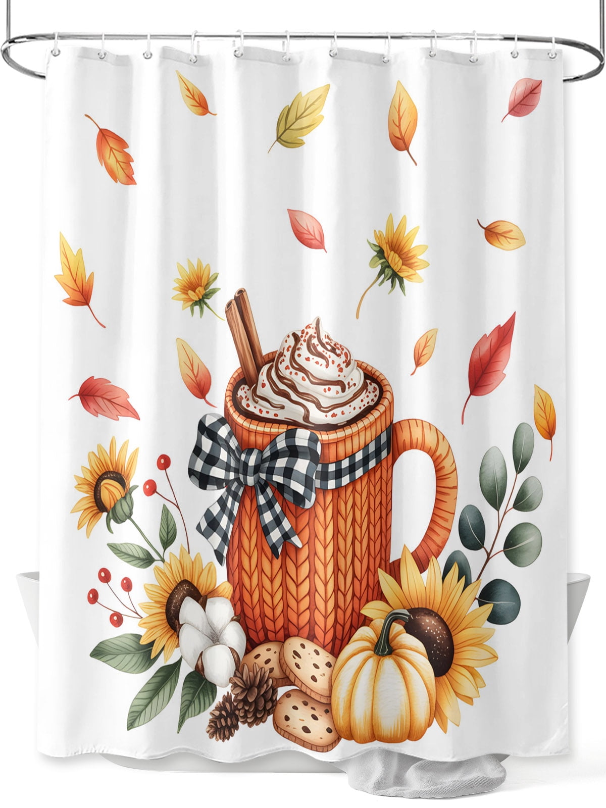 Autumn Shower Curtain 72"W x 84"L Coffee Icecream Flower Falling Leaves ...