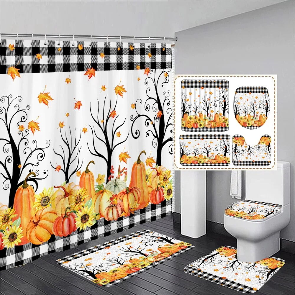 Autumn Shower Curtain Set Maple Leaves Pumpkin Sunflower Black White ...