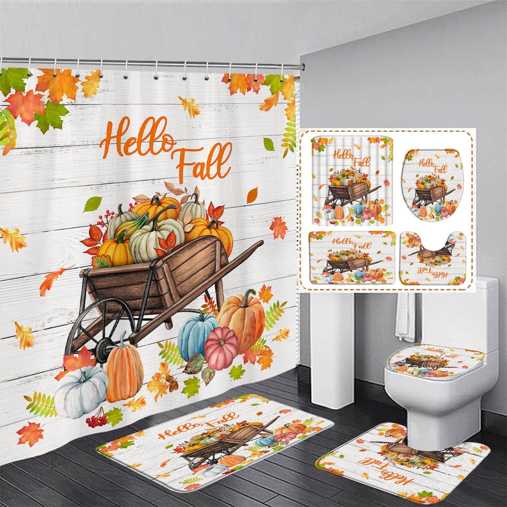 Autumn Shower Curtain Set Maple Leaves Pumpkin Sunflower Black White ...
