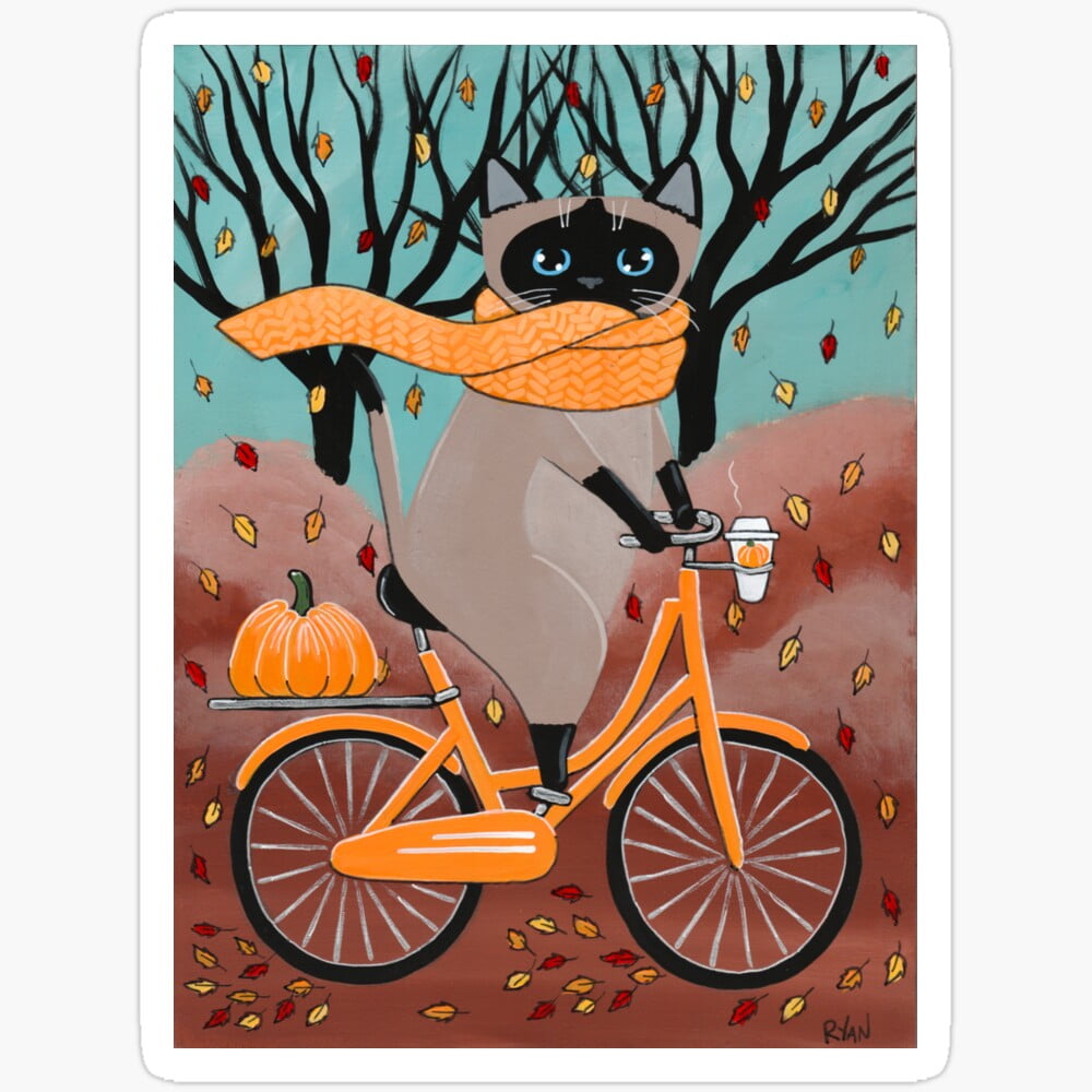 Autumn Siamese Cat Bicycle Ride Sticker Phone Decal Water Bottle ...