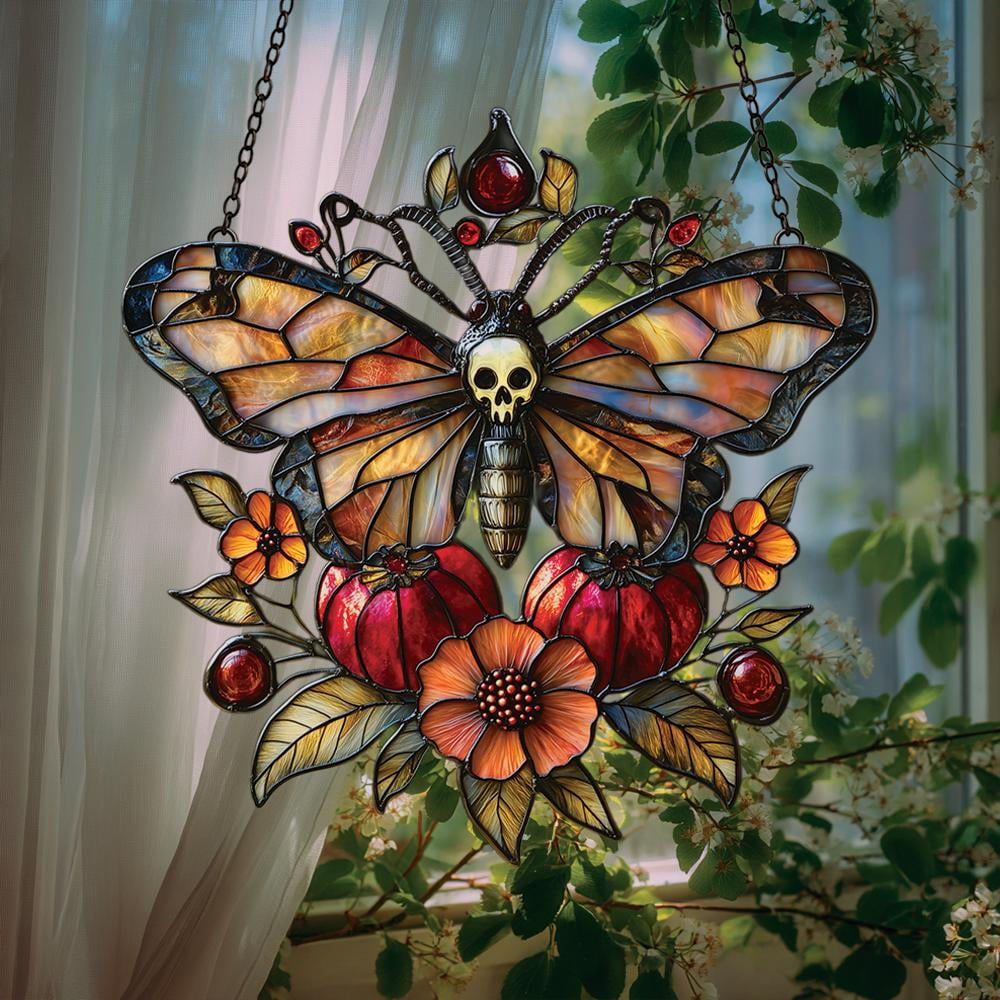 Autumn Skull Moth Acrylic Window Hanging Faux Stained Glass Suncatcher ...