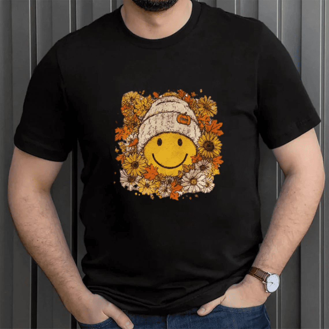 Autumn Smiley Face Cozy Hat Print Unisex T-Shirt Fall Season Graphic ...
