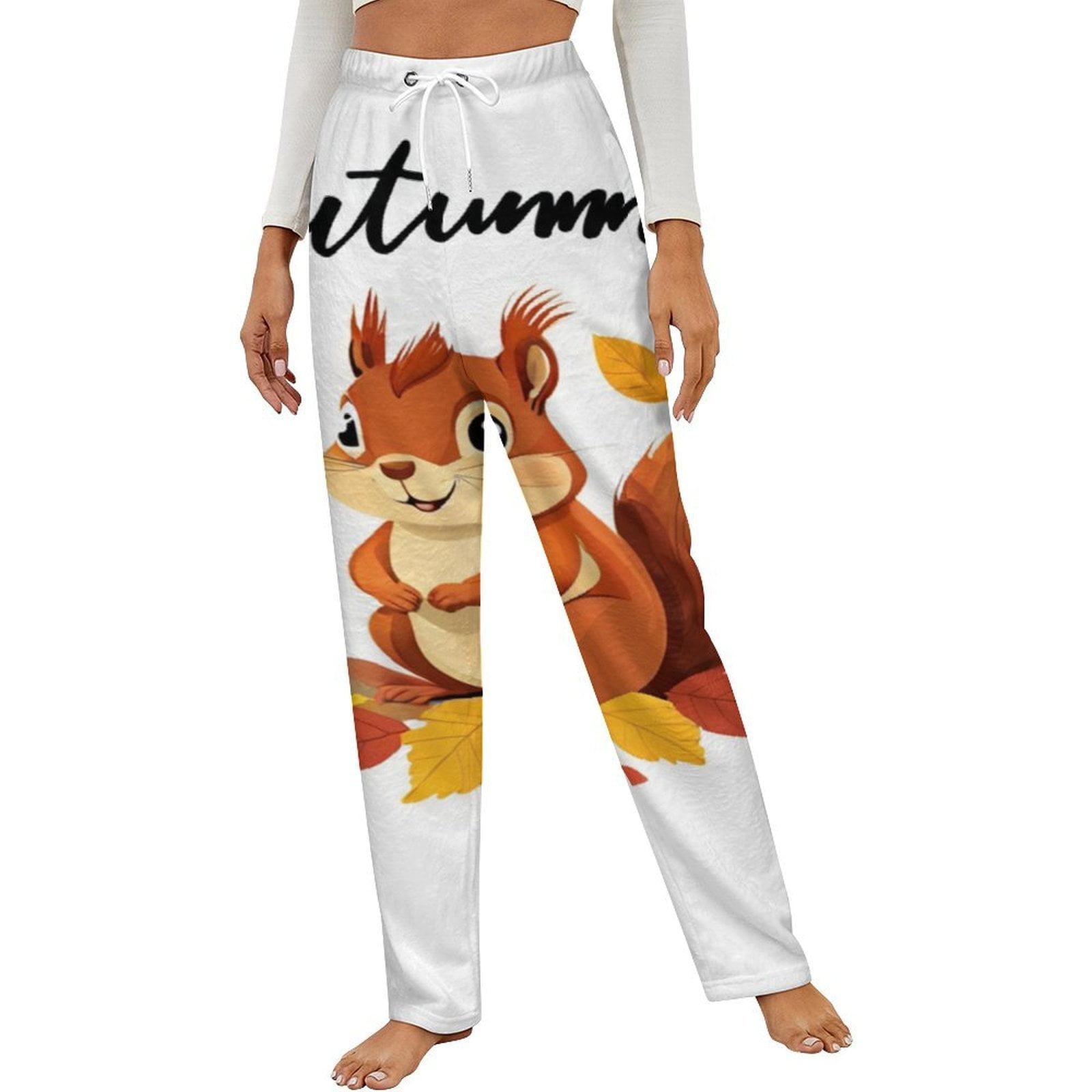 Autumn Squirrel Leaves Art Winter Female Pants Flannel High Waist Women ...