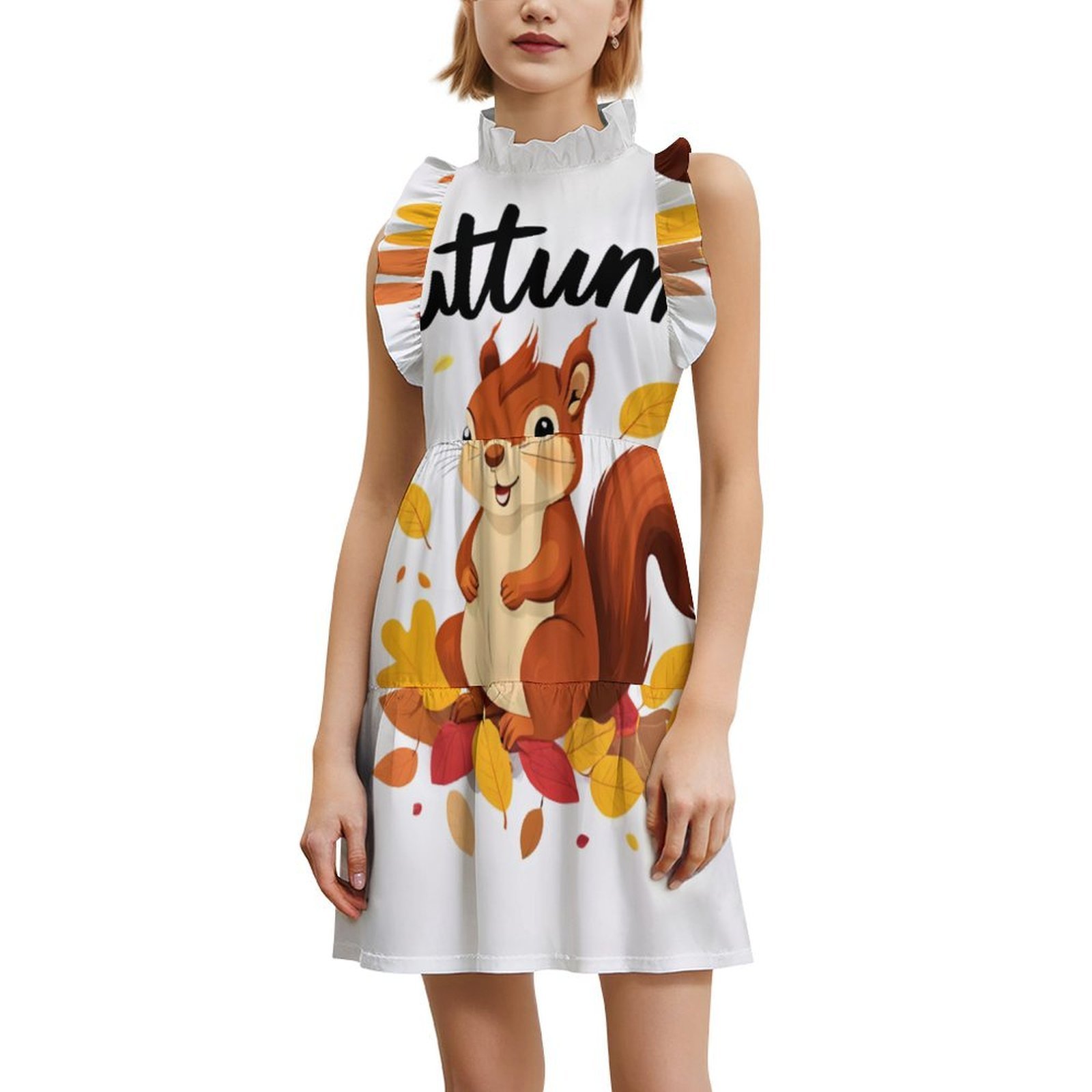 Autumn Squirrel Leaves Art Women's Fashion Casual Dress Summer Stand Up ...