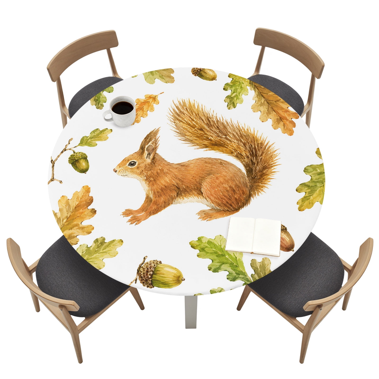Autumn Squirrel Pine Cone Leaf Round Fitted Tablecloth with Elastic ...