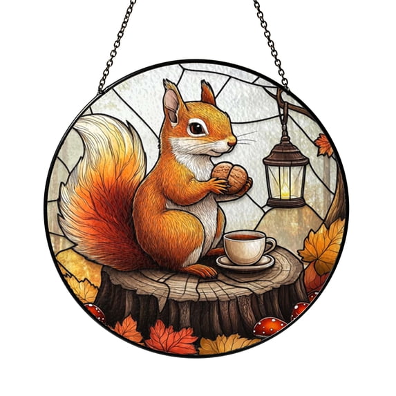 Autumn Squirrel Scene With Lantern and Acorn Stained Glass Style Round ...