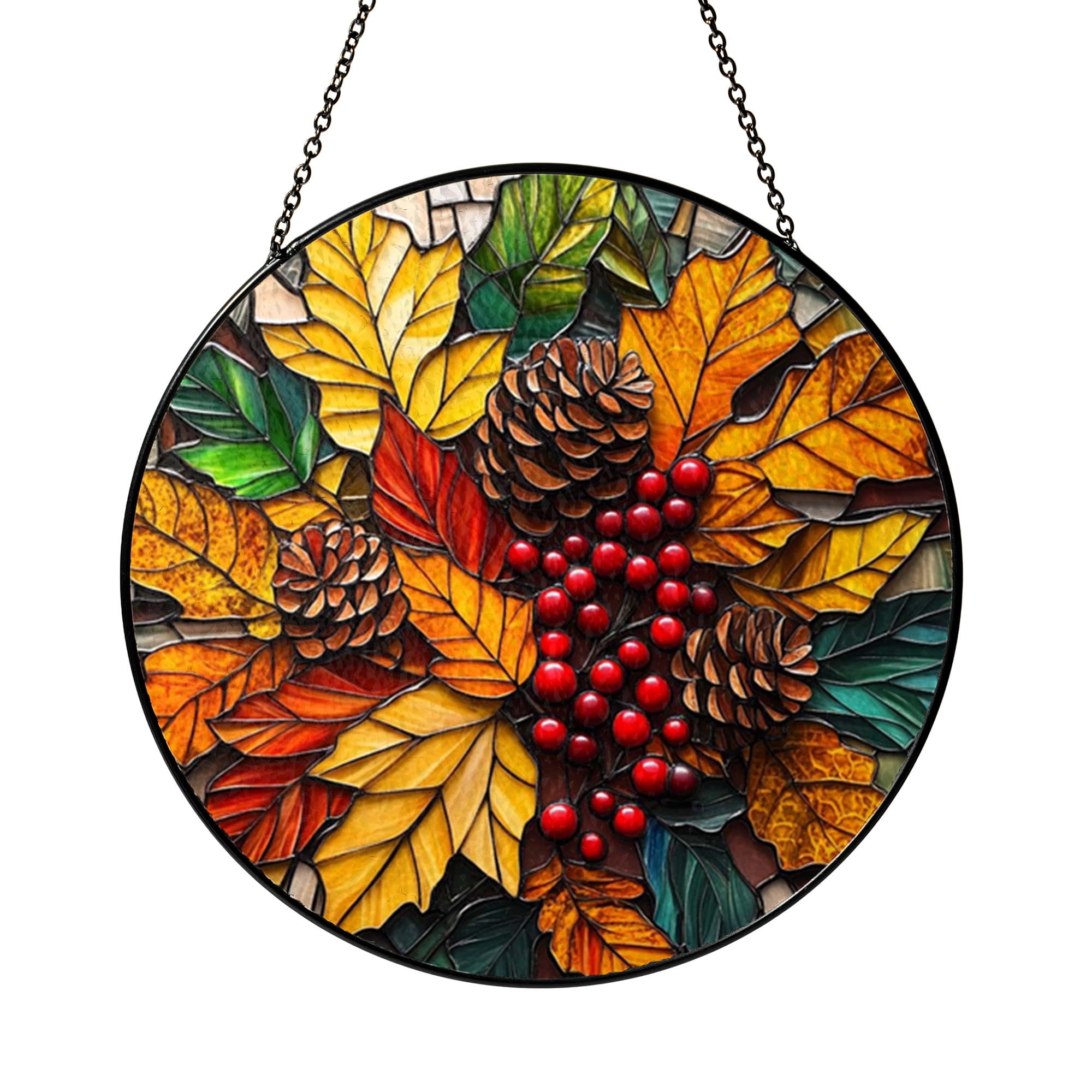 Autumn Stained Glass Suncatcher – Pinecones and Fall Leaves Window ...