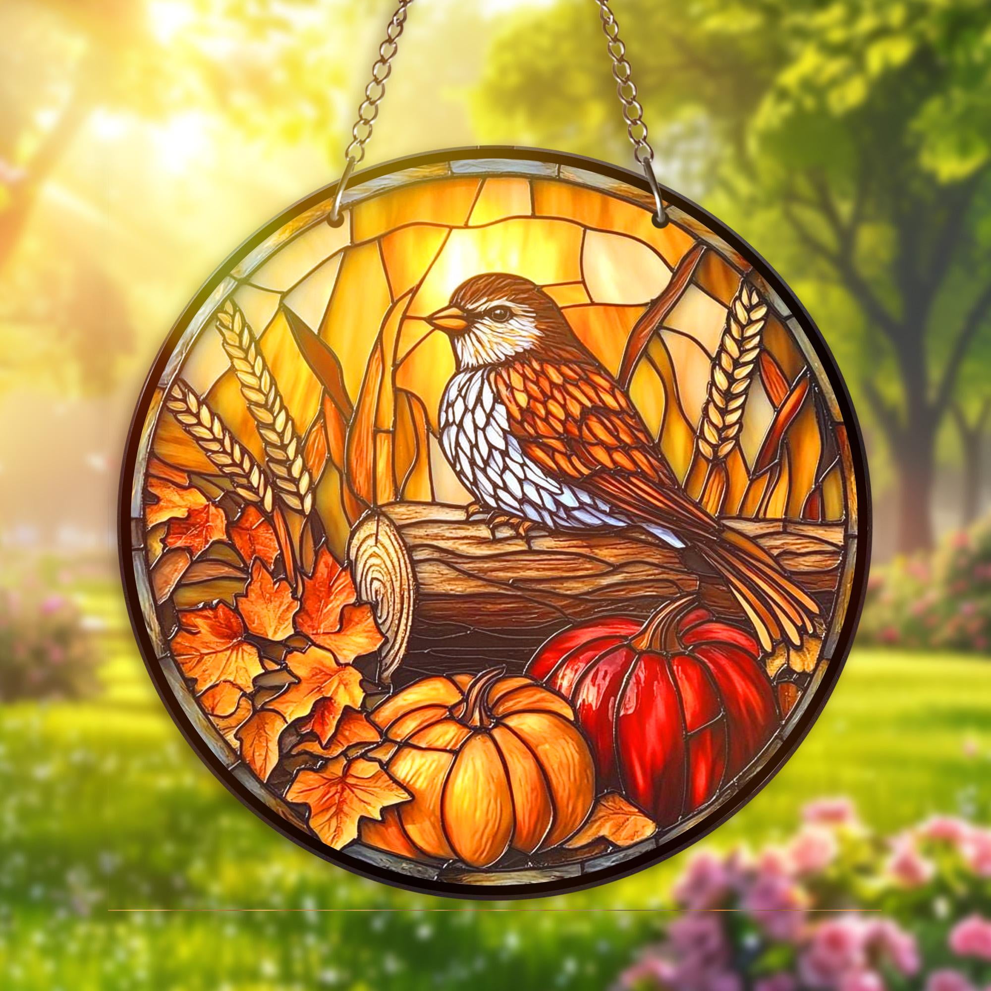 Autumn Stained Glass Window Hanging Suncatcher Fall Bird Pumpkin ...