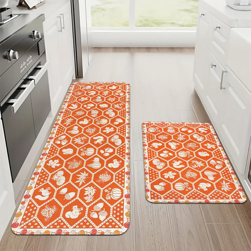 Autumn Striped Pumpkin Print Kitchen Mat Set, 0.47in Thick Flannel ...