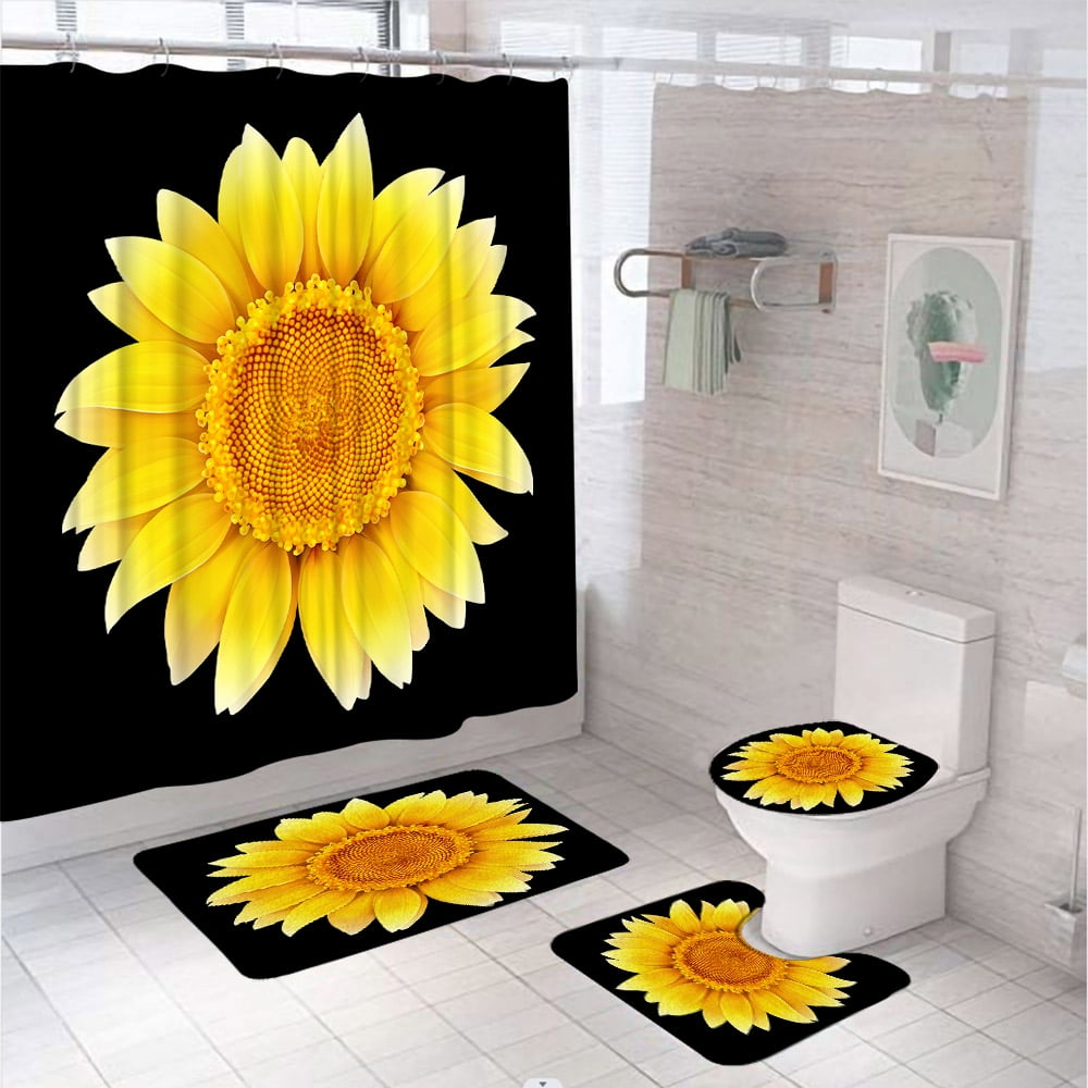 Autumn Sunflower Daisy Shower Curtain Set Blooming Flower Floral Leaves ...