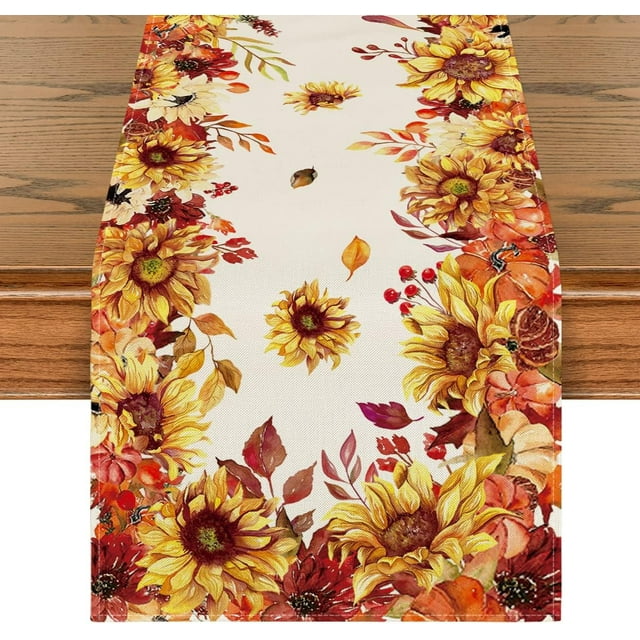 Autumn Sunflower Maple Leaf Pattern Table Runner Thanksgiving Kitchen ...