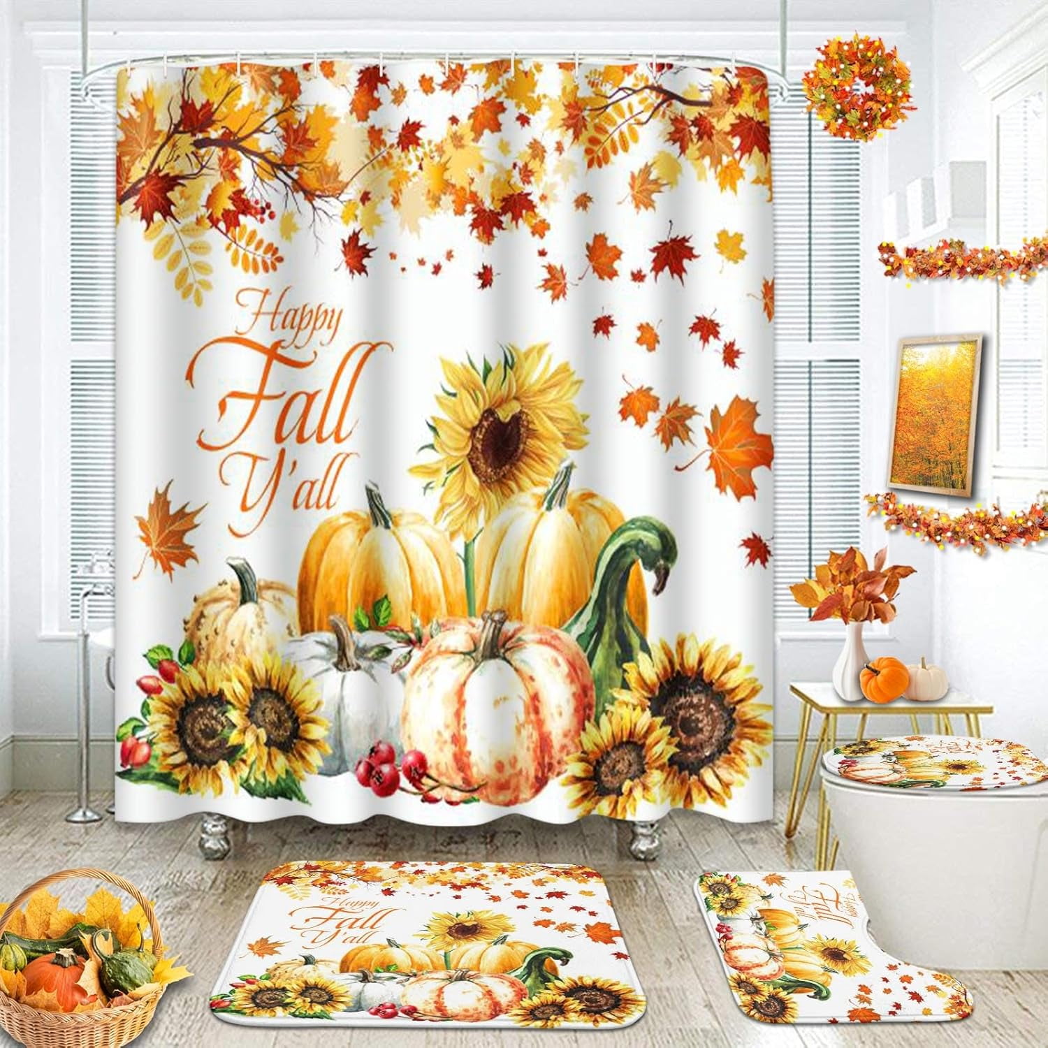 Autumn Sunflower Pumpkin Bathroom Set with Shower Curtain and Rug and ...