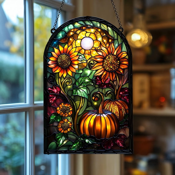 Autumn Sunflower & Pumpkin Wavy Acrylic Window Hanging | Rustic Faux ...