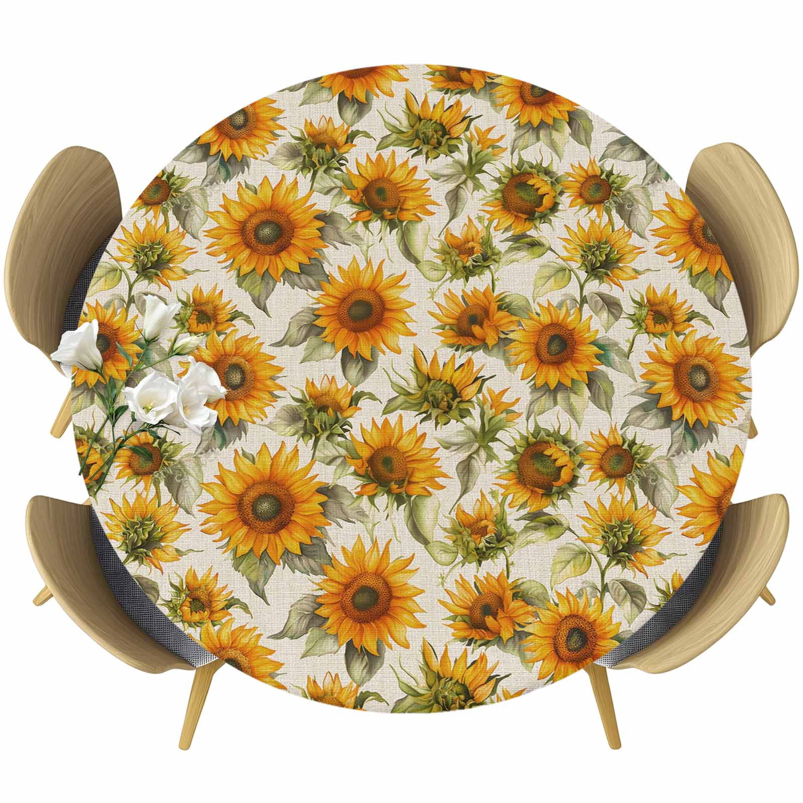 Autumn Sunflower Round Tablecloth, Fitted Table Cover with Elastic for ...