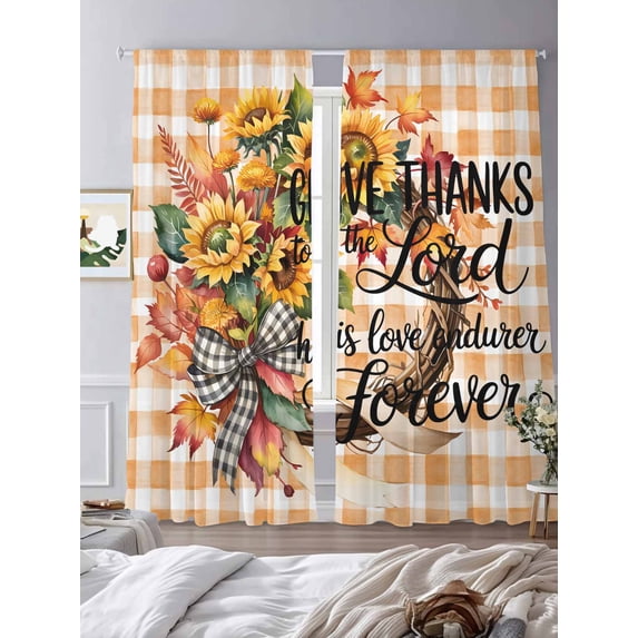 Autumn Sunflower Wreath Watercolor Sheer Curtains 2 Panels Set Orange ...
