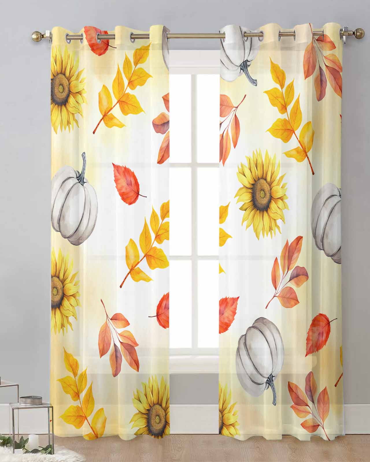 Autumn Sunflowers Pumpkin Leaves Countryside Voile Curtain Window ...