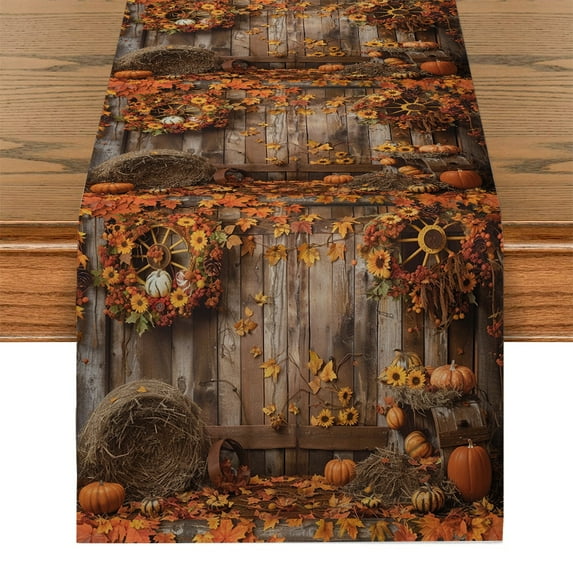 Autumn Sunflowers Wood Pumpkin Wheels Vine Table Runner Kitchen Dining ...