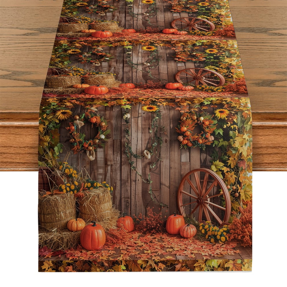 Autumn Sunflowers Wood Pumpkin Wheels Vine Table Runner Kitchen Dining ...