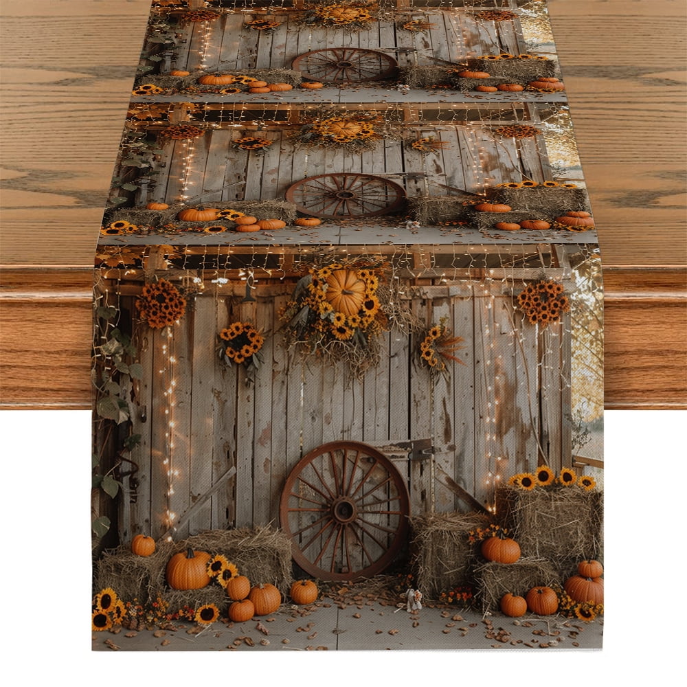 Autumn Sunflowers Wood Pumpkin Wheels Vine Table Runner Kitchen Dining ...