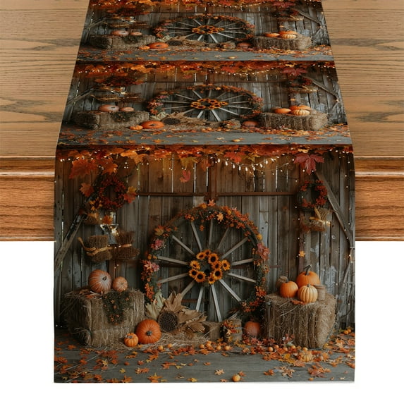 Autumn Sunflowers Wood Pumpkin Wheels Vine Table Runner Kitchen Dining ...
