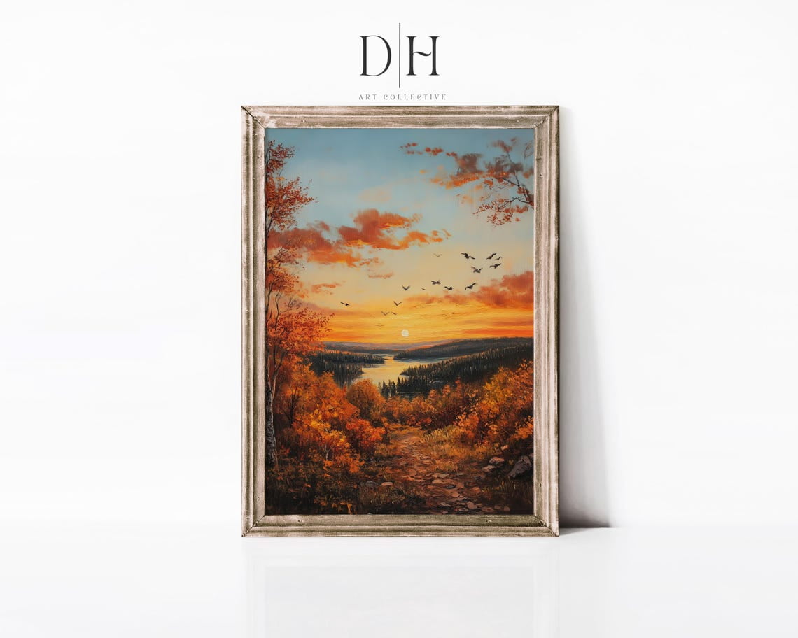 Autumn Sunset Lake Poster: Birds Over Water, Cottagecore Wall Art ...