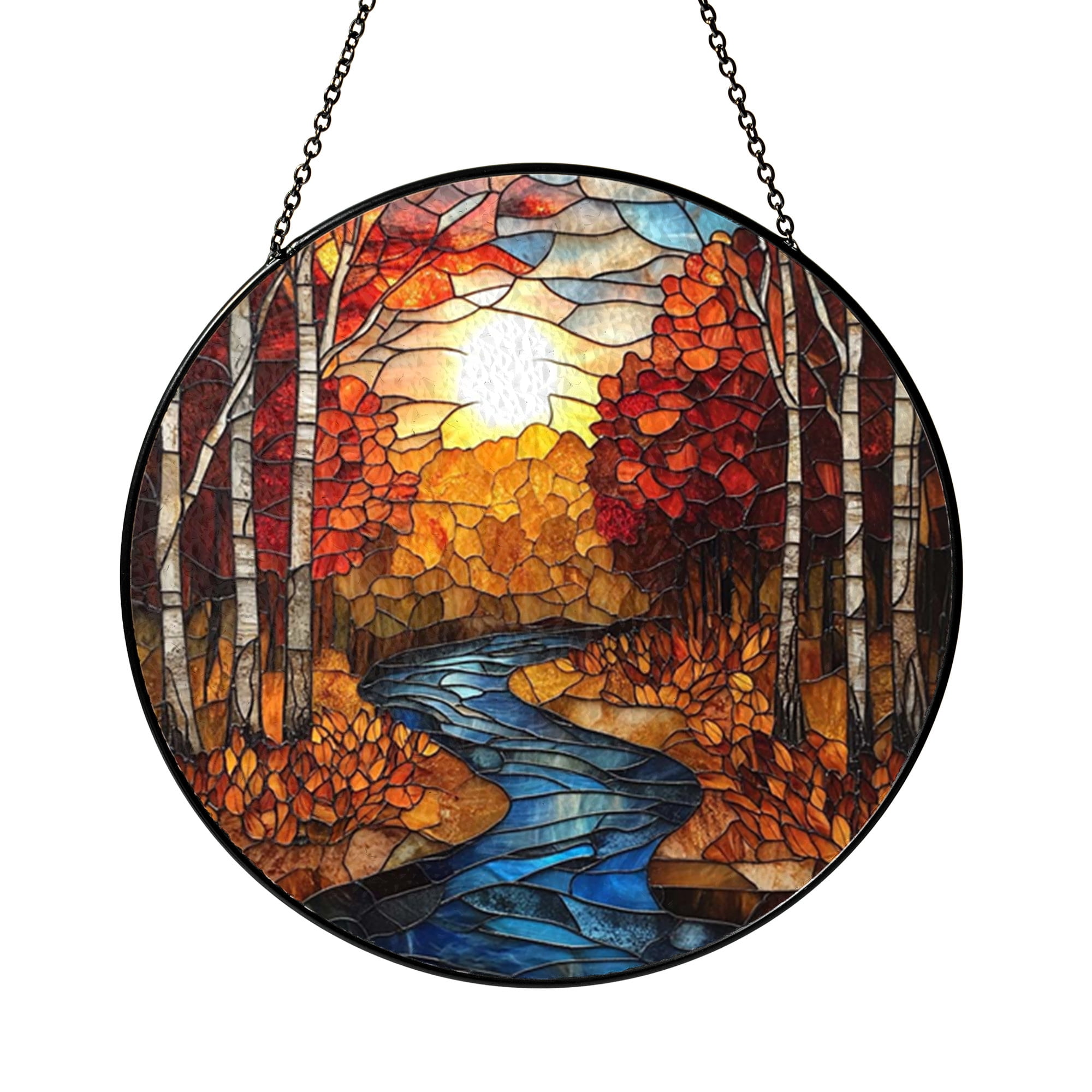 Autumn Sunset Landscape Stained Glass Suncatcher Window Hanging Decor ...