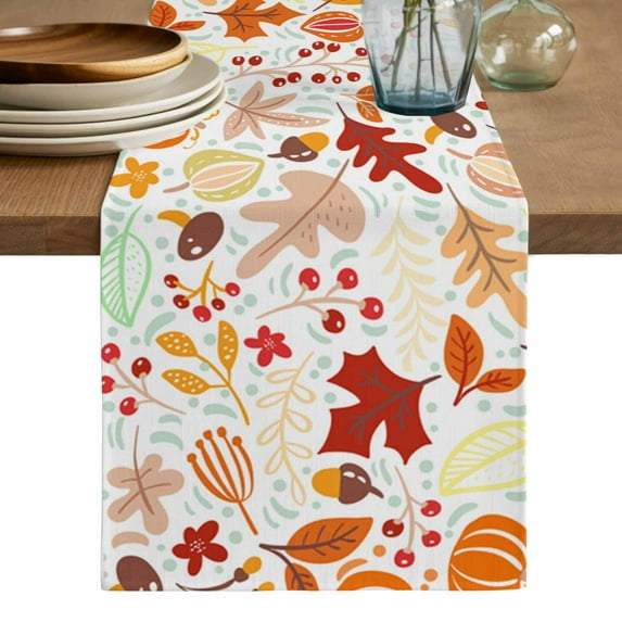 Autumn Table Runner, Fall Pumpkins Maple Leaves Cartoon Art Decor ...