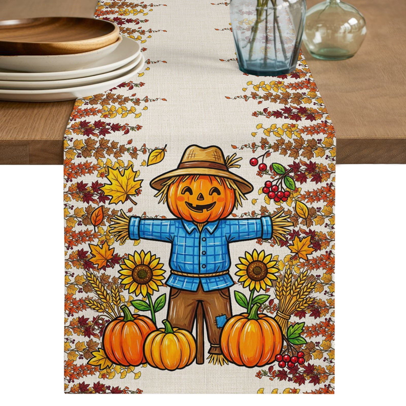 Autumn Table Runner, Harvest Cartoon Scerecrow Pumpkin Sunflower Maple ...