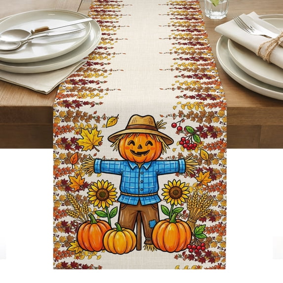 Autumn Table Runner, Harvest Cartoon Scerecrow Pumpkin Sunflower Maple ...