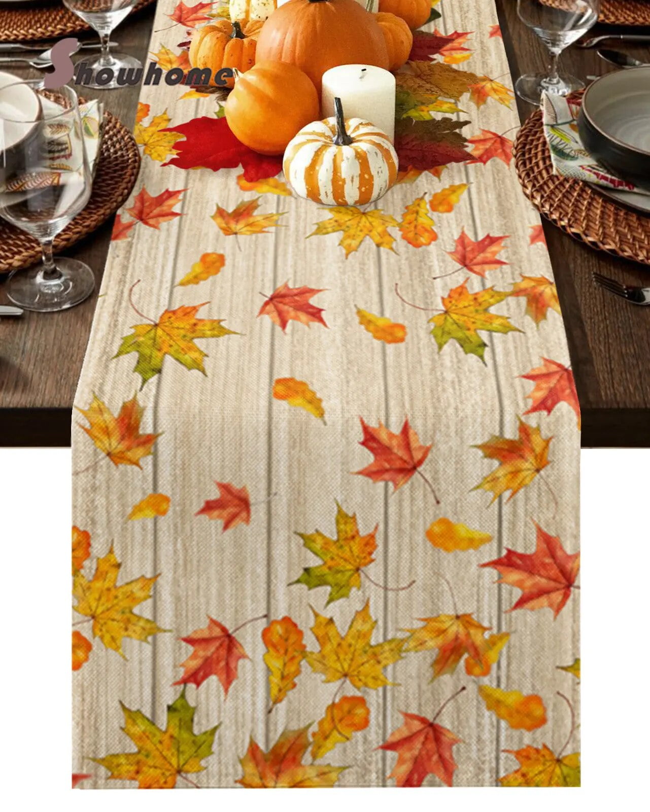 Autumn Table Runner Maple Leaves Vintage Wood Grain Tablecloth Wedding ...