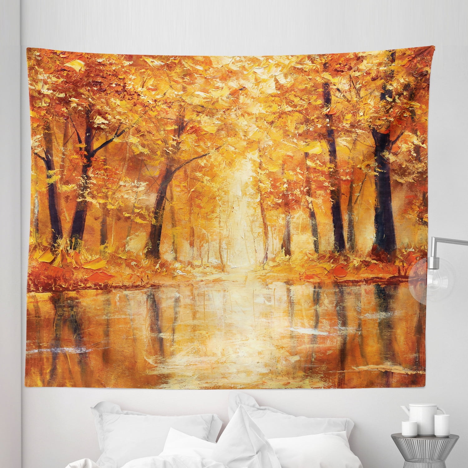Autumn Tapestry, Painting of a Forest by the Small Lake in Autumn Pale ...