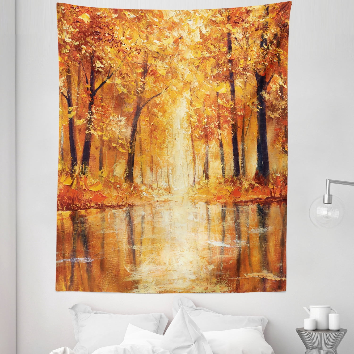 Autumn Tapestry, Painting of a Forest by the Small Lake in Autumn Pale ...