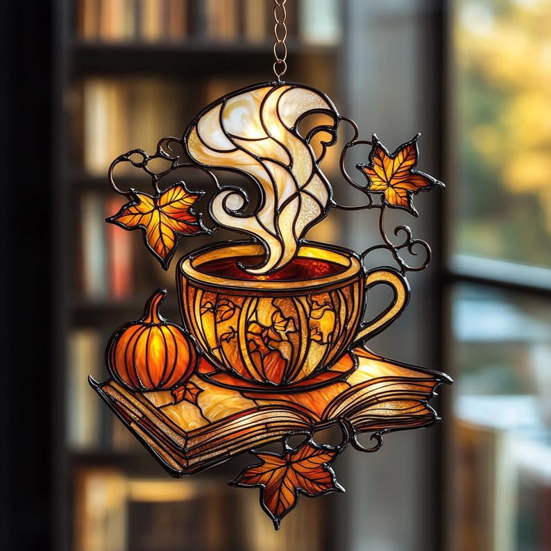 Autumn Tea Cup & Book Acrylic Faux Stained Glass Suncatcher Window ...