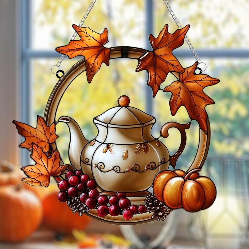 Autumn Teapot With Maple Leaves Acrylic Suncatcher, Faux Stained Glass ...