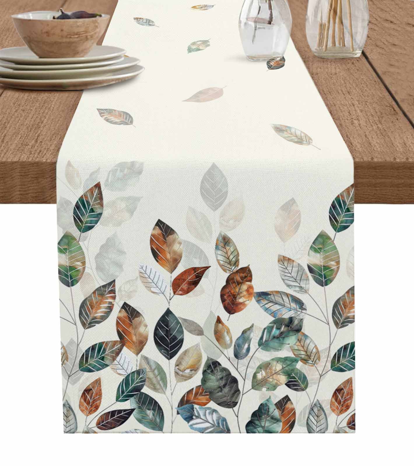 Autumn Thanksgiving Blue-Green Yellow Leaf Plants Table Runner ration ...